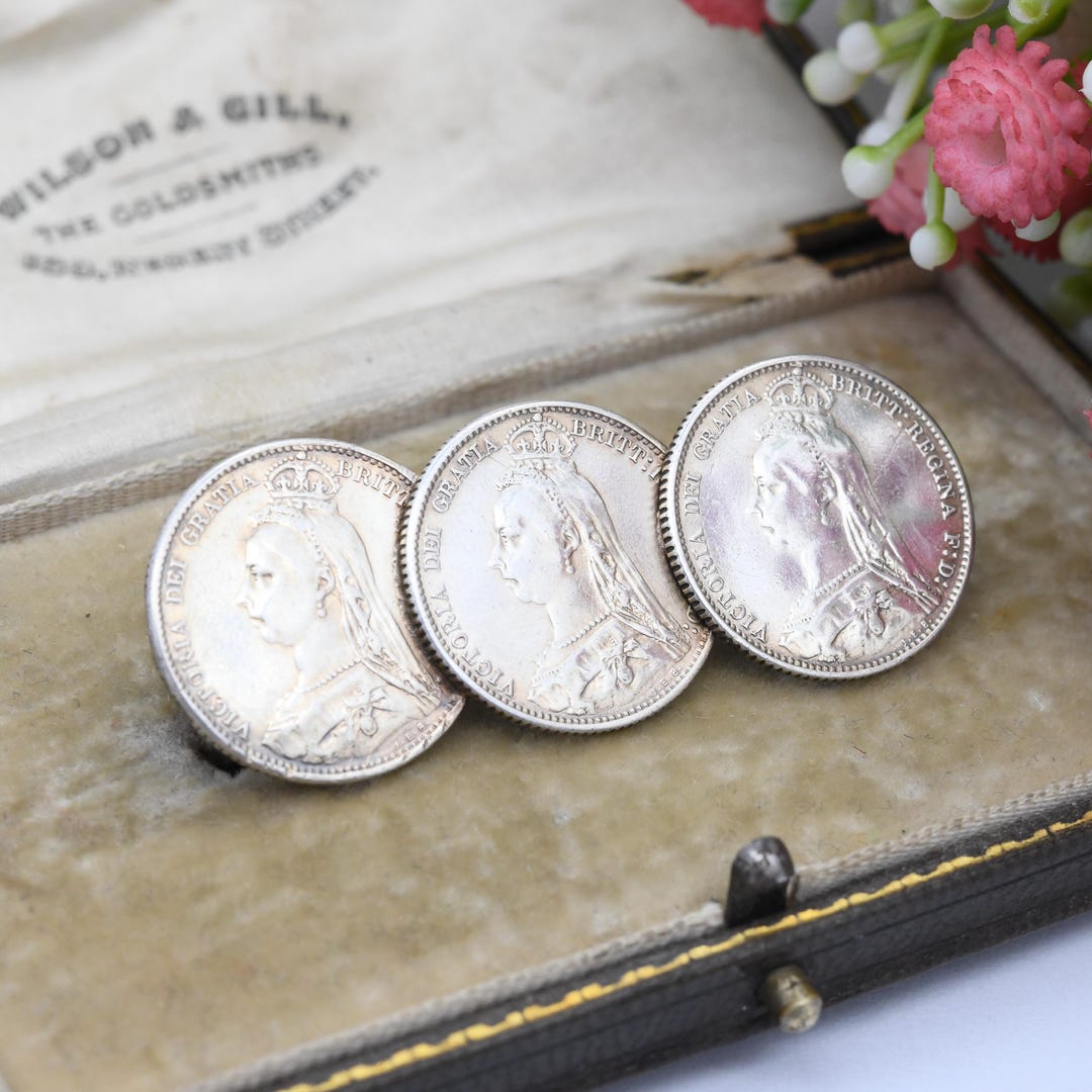 Antique Sterling Silver Victoria Coin Brooch With Three Coins - 1888 ...