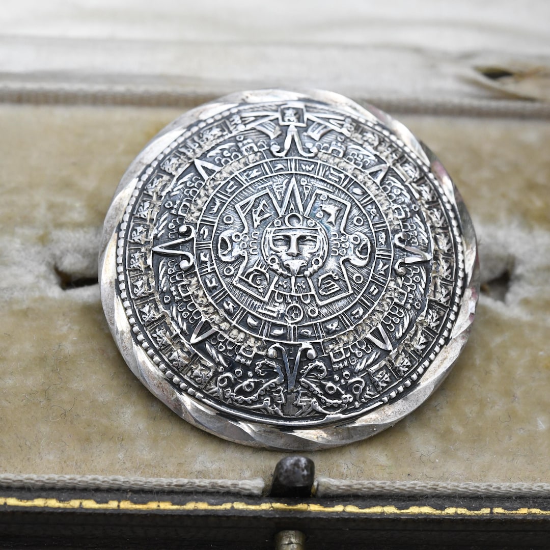 Vintage Mexican Sterling Silver Aztec Sun Stone Brooch Pendant - Mid ...