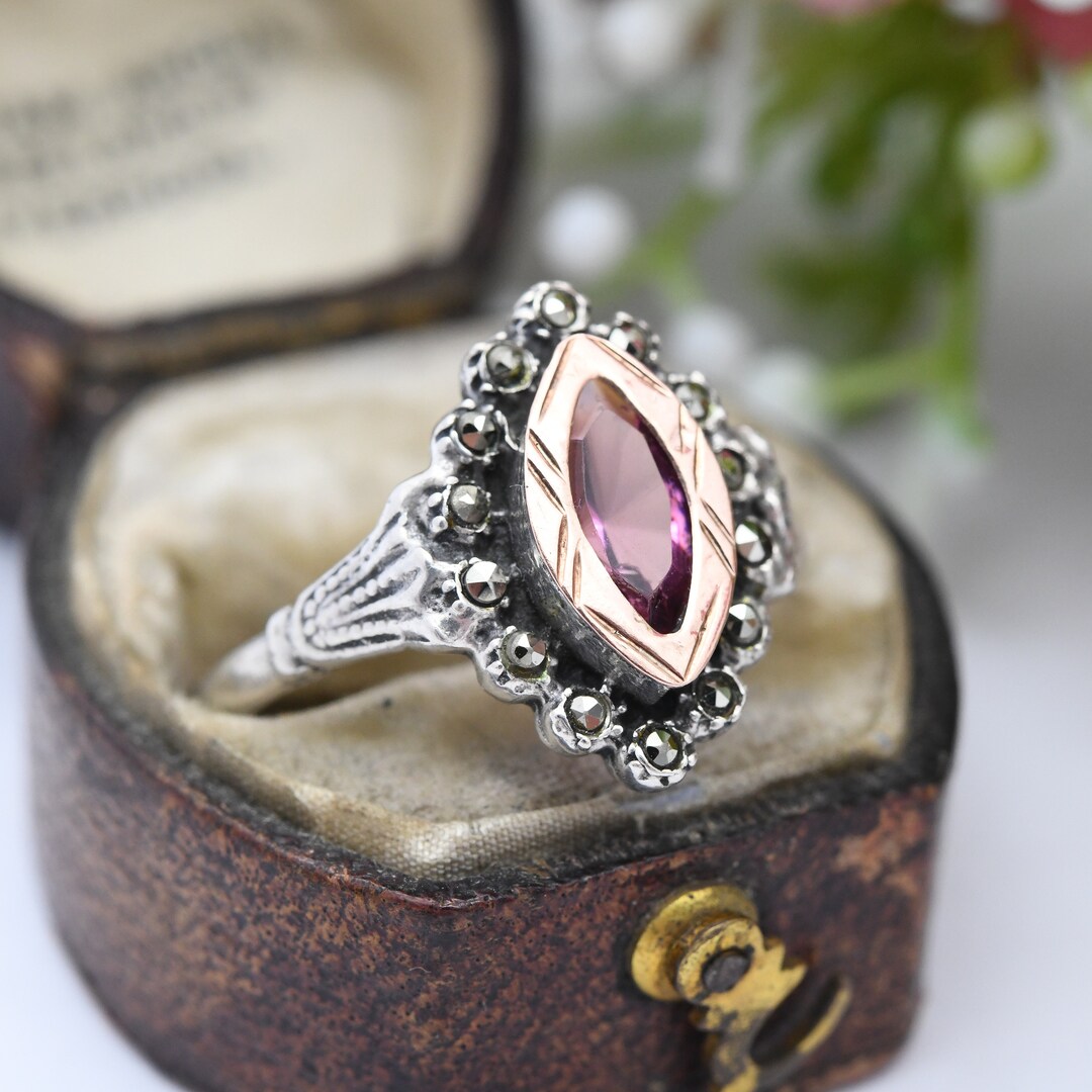 Vintage Portuguese Gold and Silver Statement Ring With Pink Glass and ...