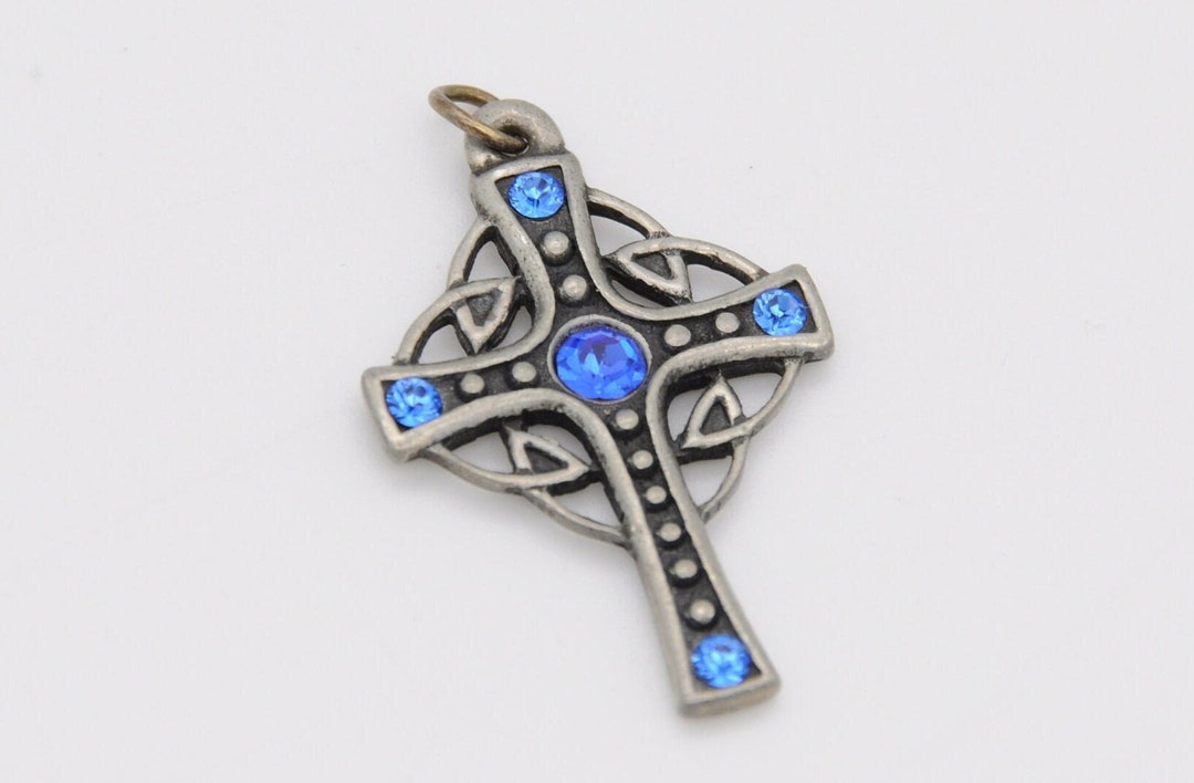 Vintage St Justin Pewter Cross Pendant Celtic / SJ / Blue Stone ...