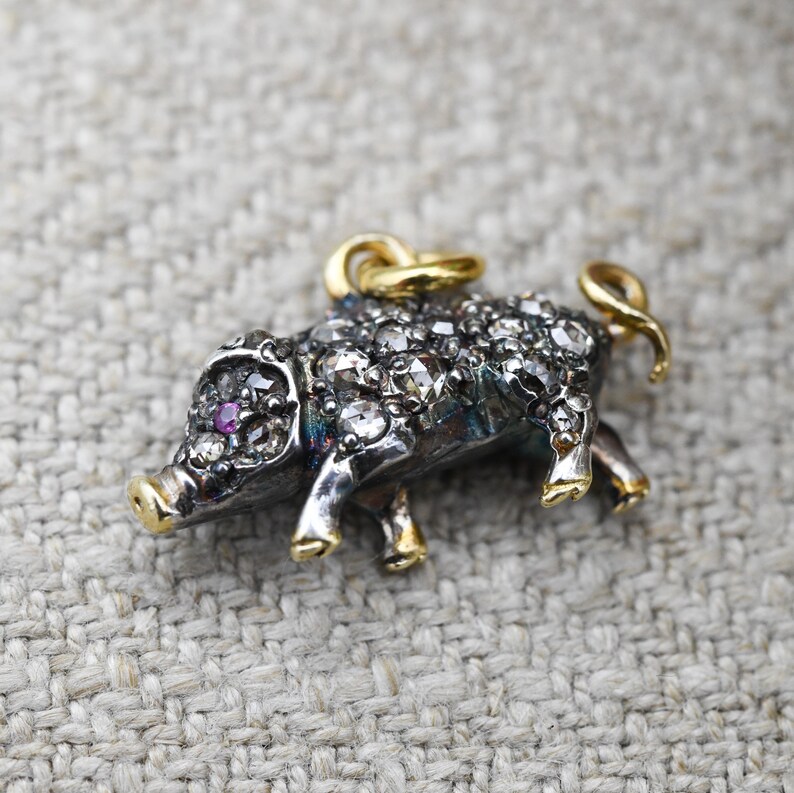 Antique Victorian Diamond and Ruby Pig Pendant Silver and Gold - Rose ...