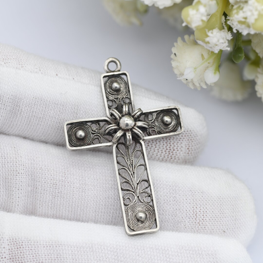 Vintage Silver Filigree Cross Pendant With Ornate Scrolling Design ...