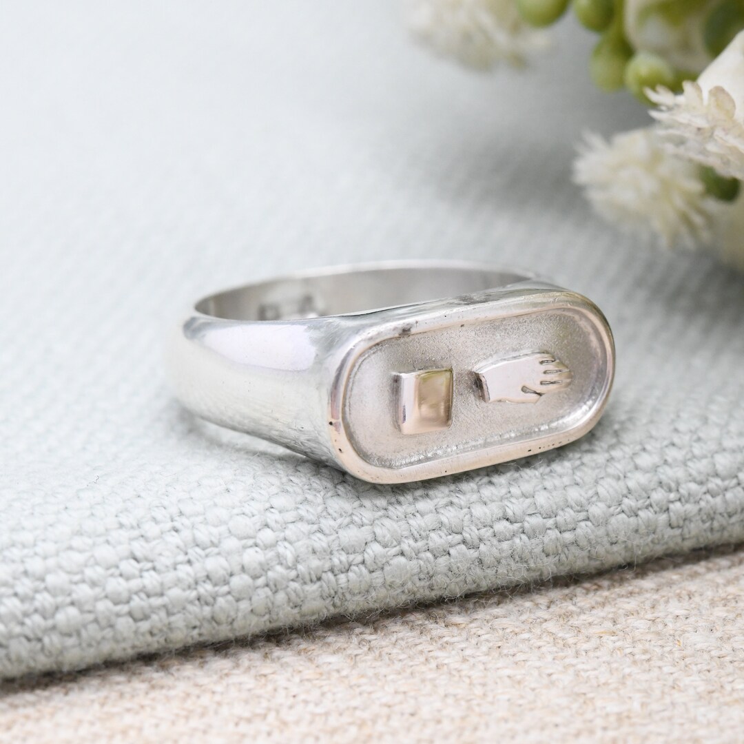 Vintage Silver Egyptian Hieroglyphs Ring - Chunky Unisex Chunky Signet ...