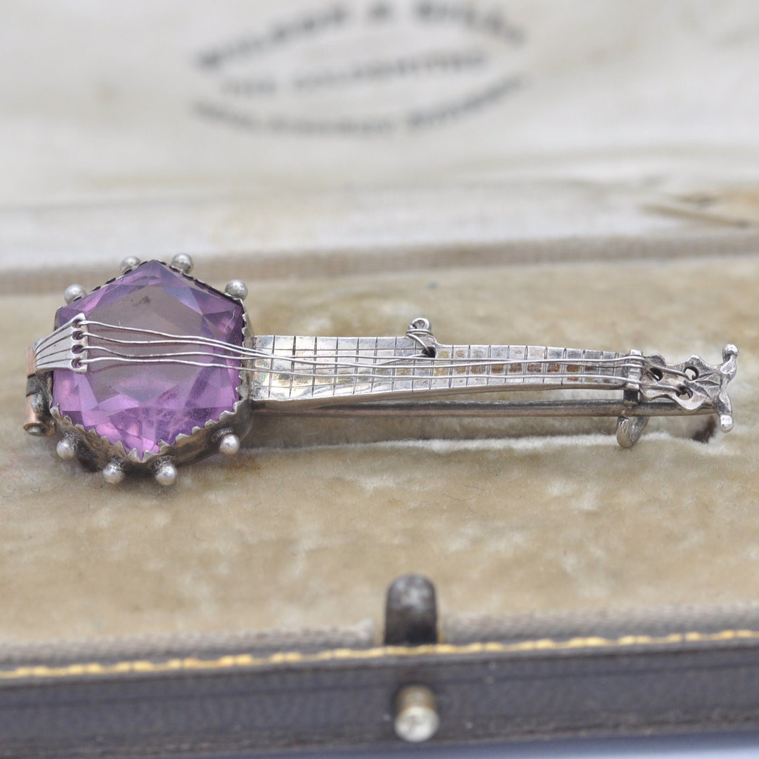 Antique Sterling Silver Banjo Brooch With Purple Paste Body - Victorian ...