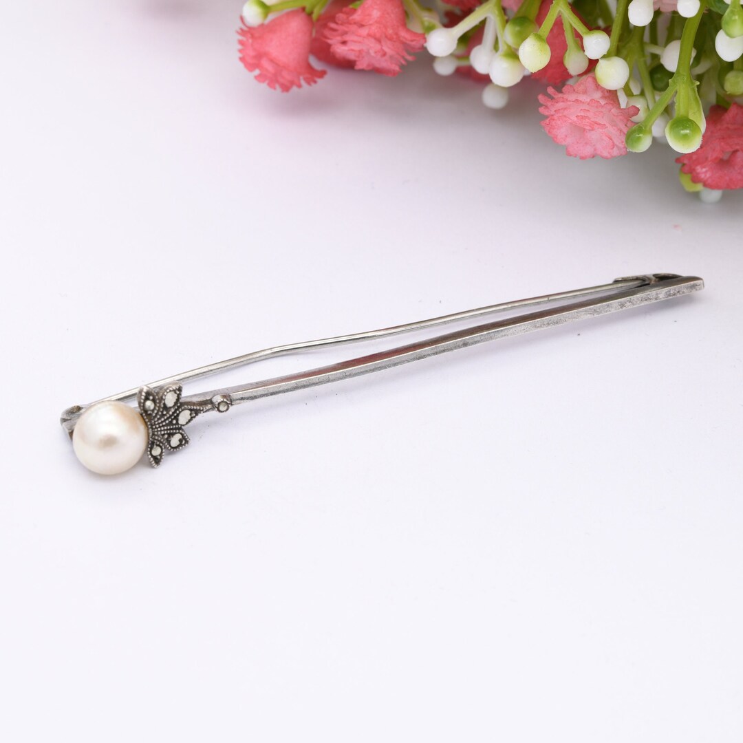 Vintage TLM Art Deco Sterling Silver Bar Brooch With Pearl and ...