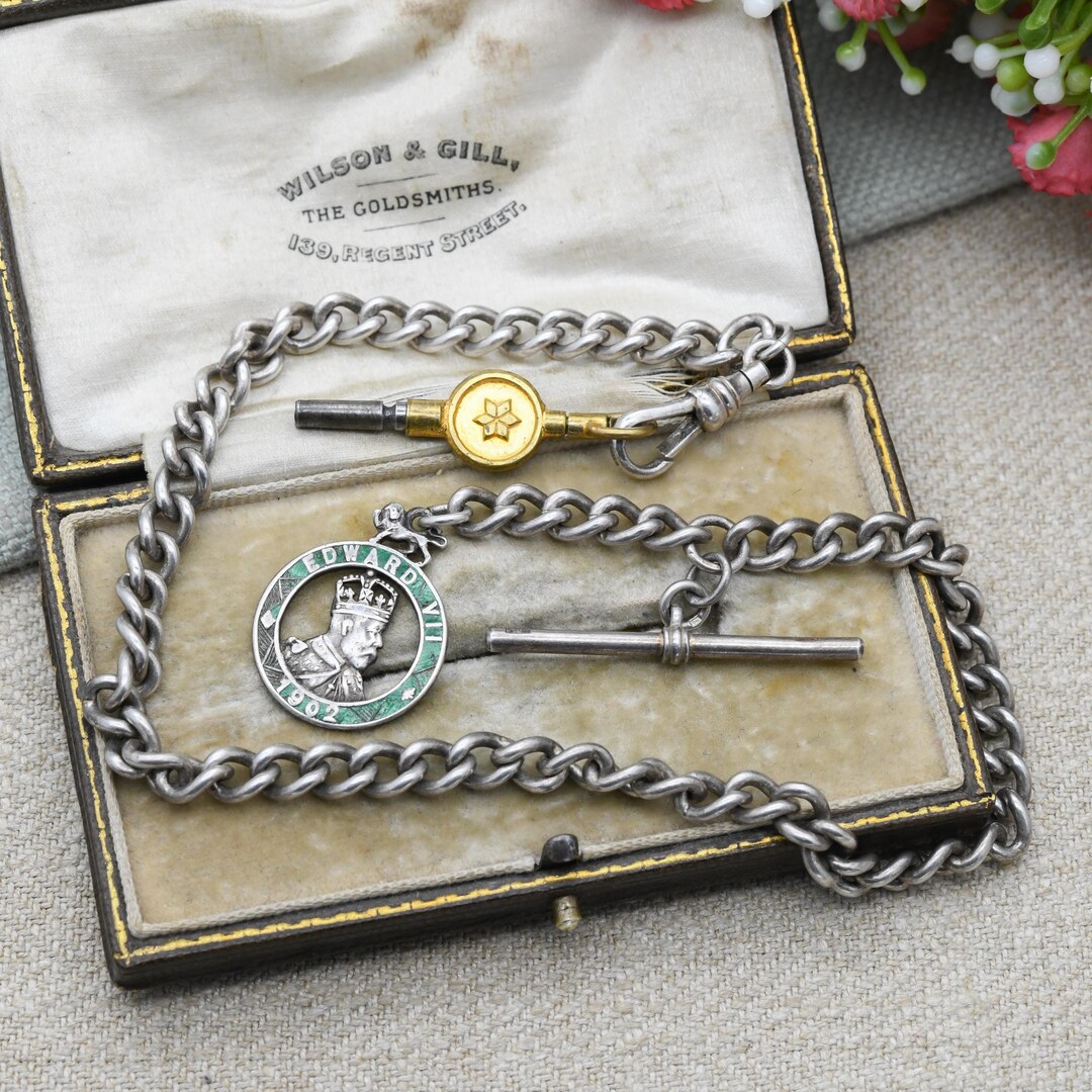 Antique Sterling Silver Albert Chain With Edward VII Coronation Medal ...