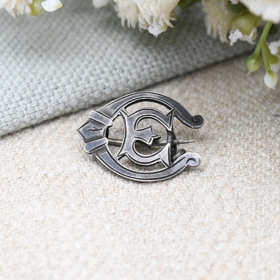 Antique Sterling Silver Letter E Brooch 1903 Edwardia… - Gem