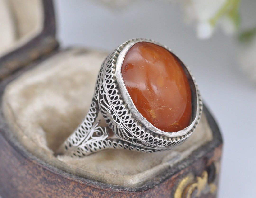 Antique Chinese Export Amber Silver Ring - Chinese Filigree Orange ...