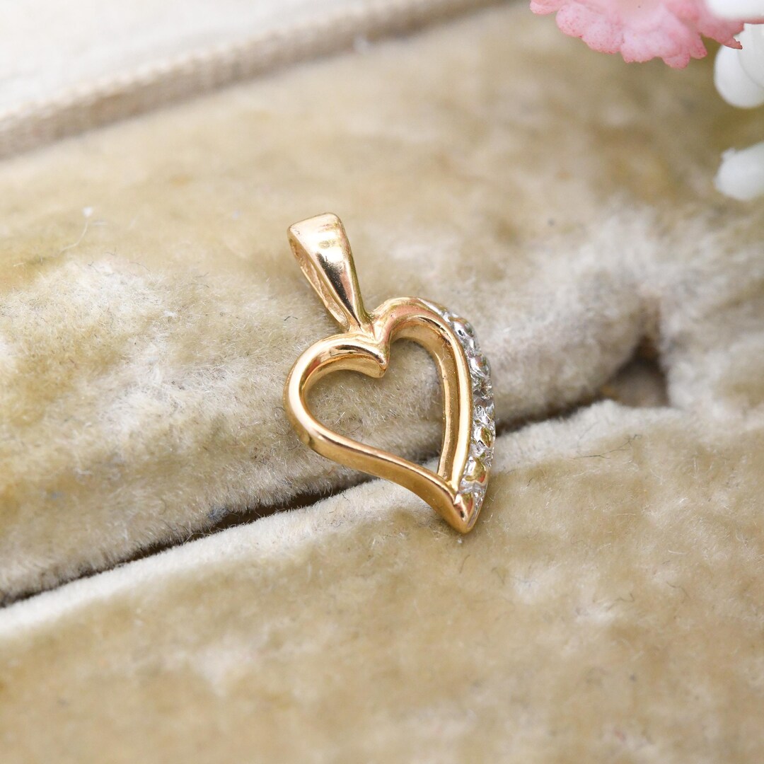 Vintage 9ct Gold Heart Pendant With Diamond Small Open Love Heart Charm ...
