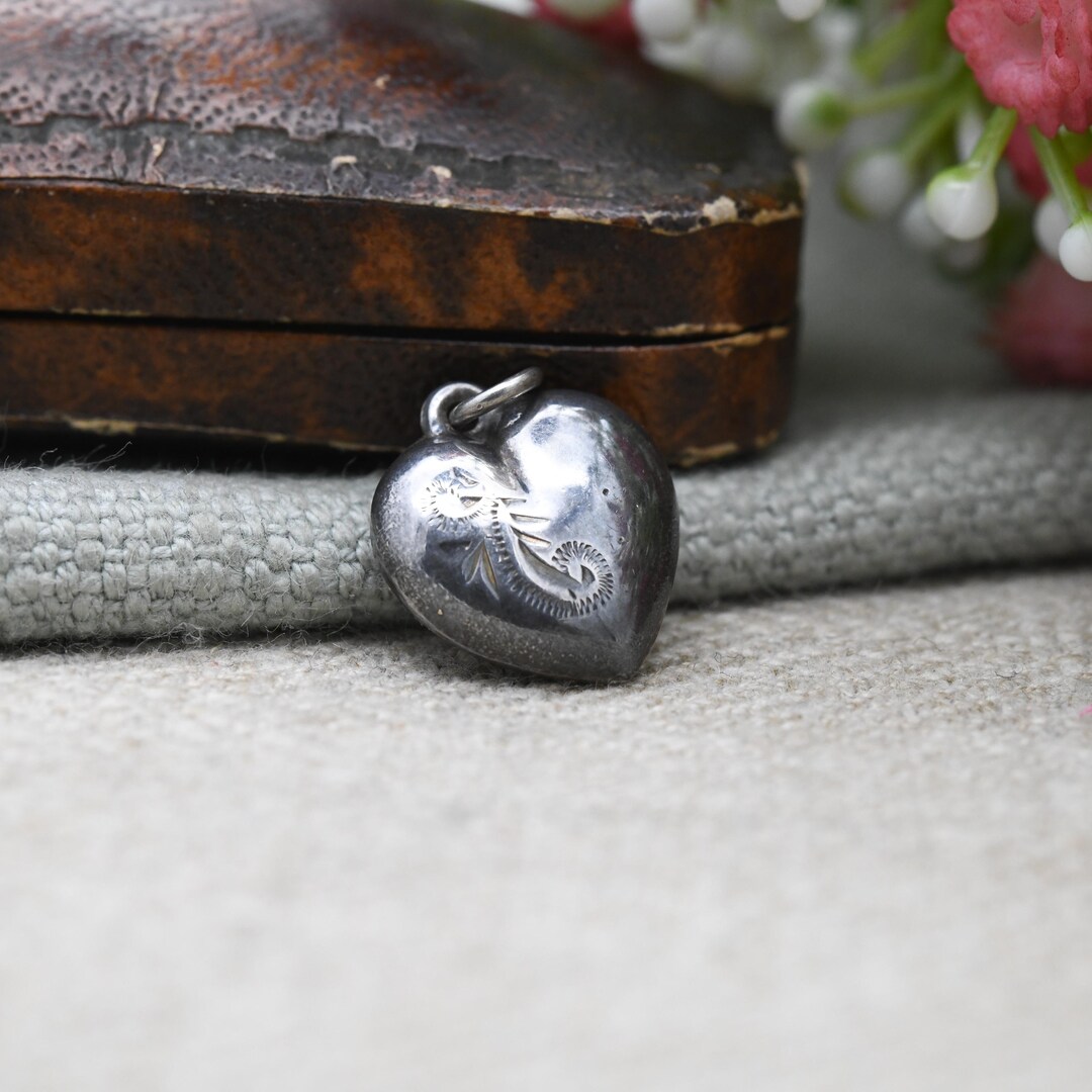 Vintage Sterling Silver Puffed Heart Charm Pendant With Engraved Floral ...