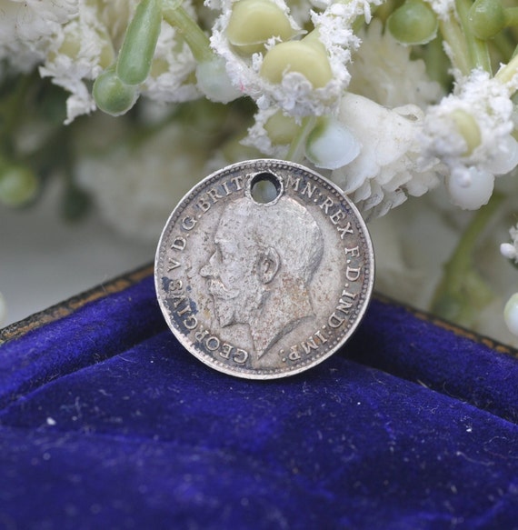 Antique Silver George V Three Pence 1914 Coin Charm P… - Gem