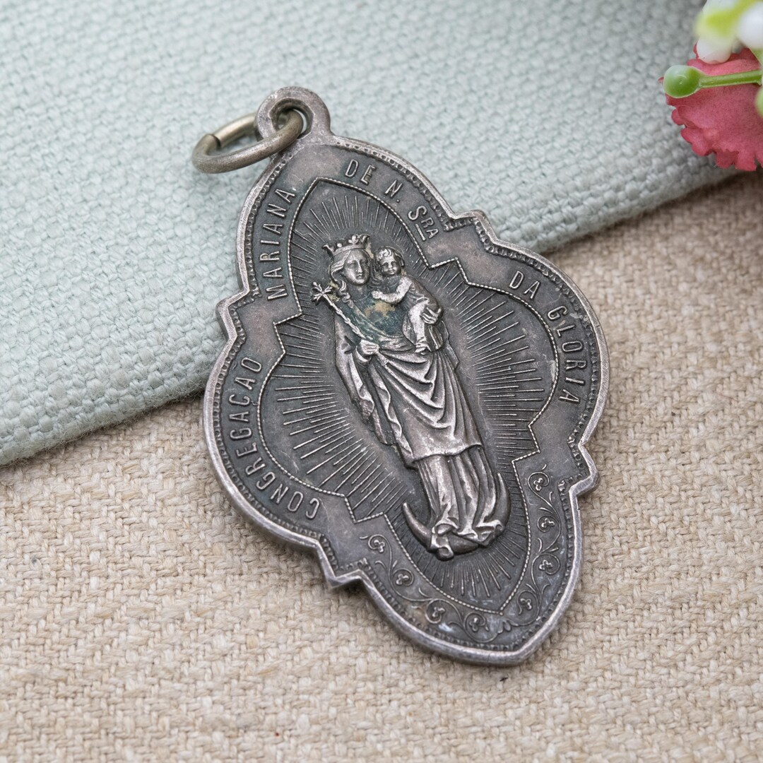 Antique Portuguese Silver Religious Medal With Saint Agnes and Mary Our ...