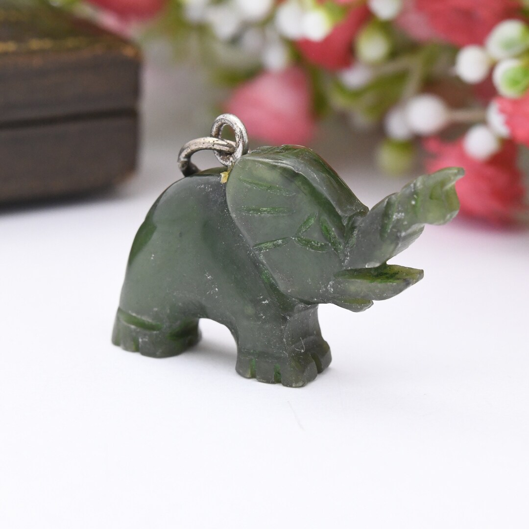 Vintage Engraved Jade Elephant Charm Pendant With 835 Silver Bale Cute ...