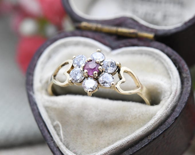 Vintage 9ct Gold Ruby Floral Cluster Ring 1996 - Delicate Cut Out Heart ...