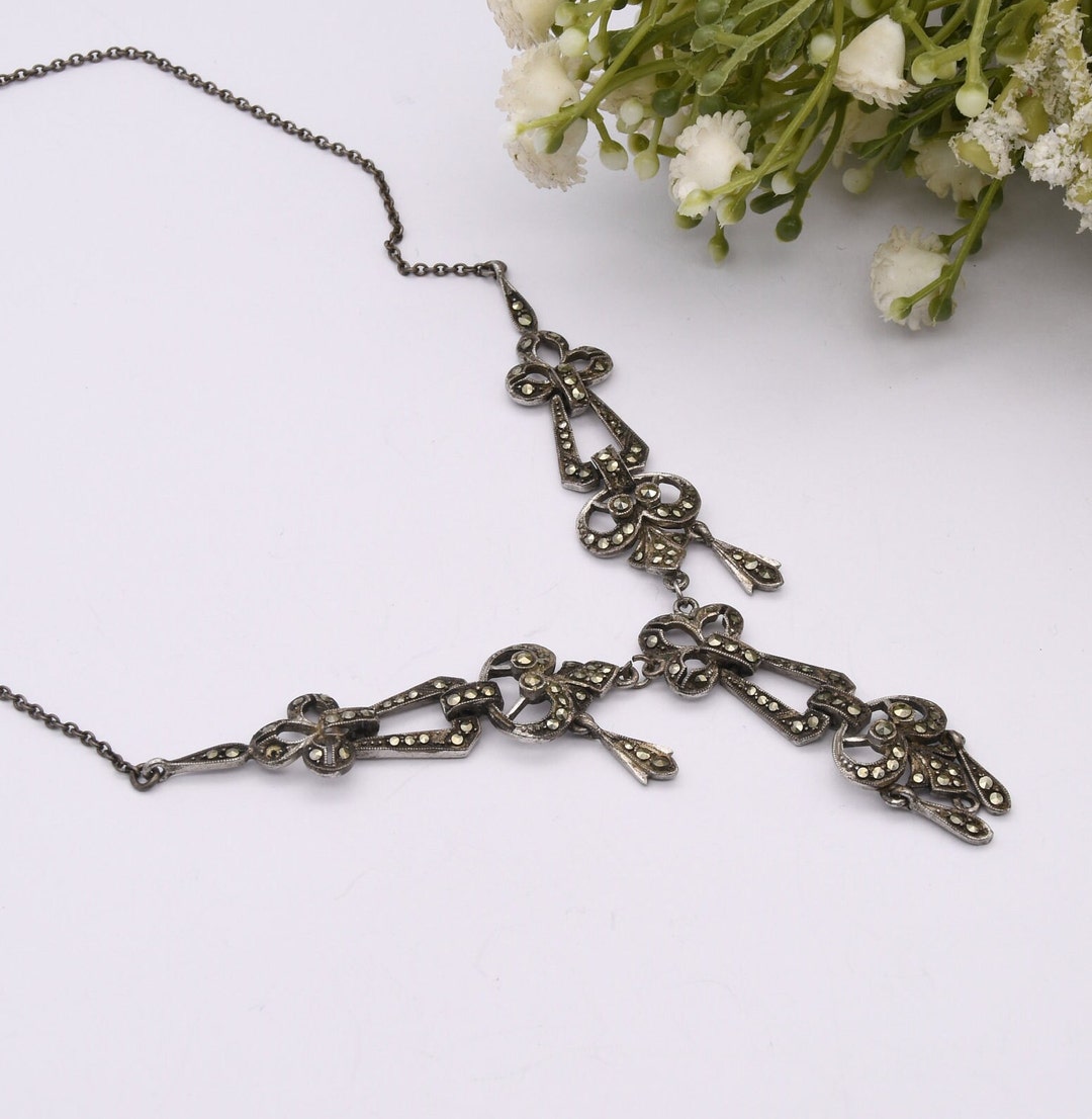 Vintage Sterling Silver Marcasite Necklace With Integral Pendant Drop ...