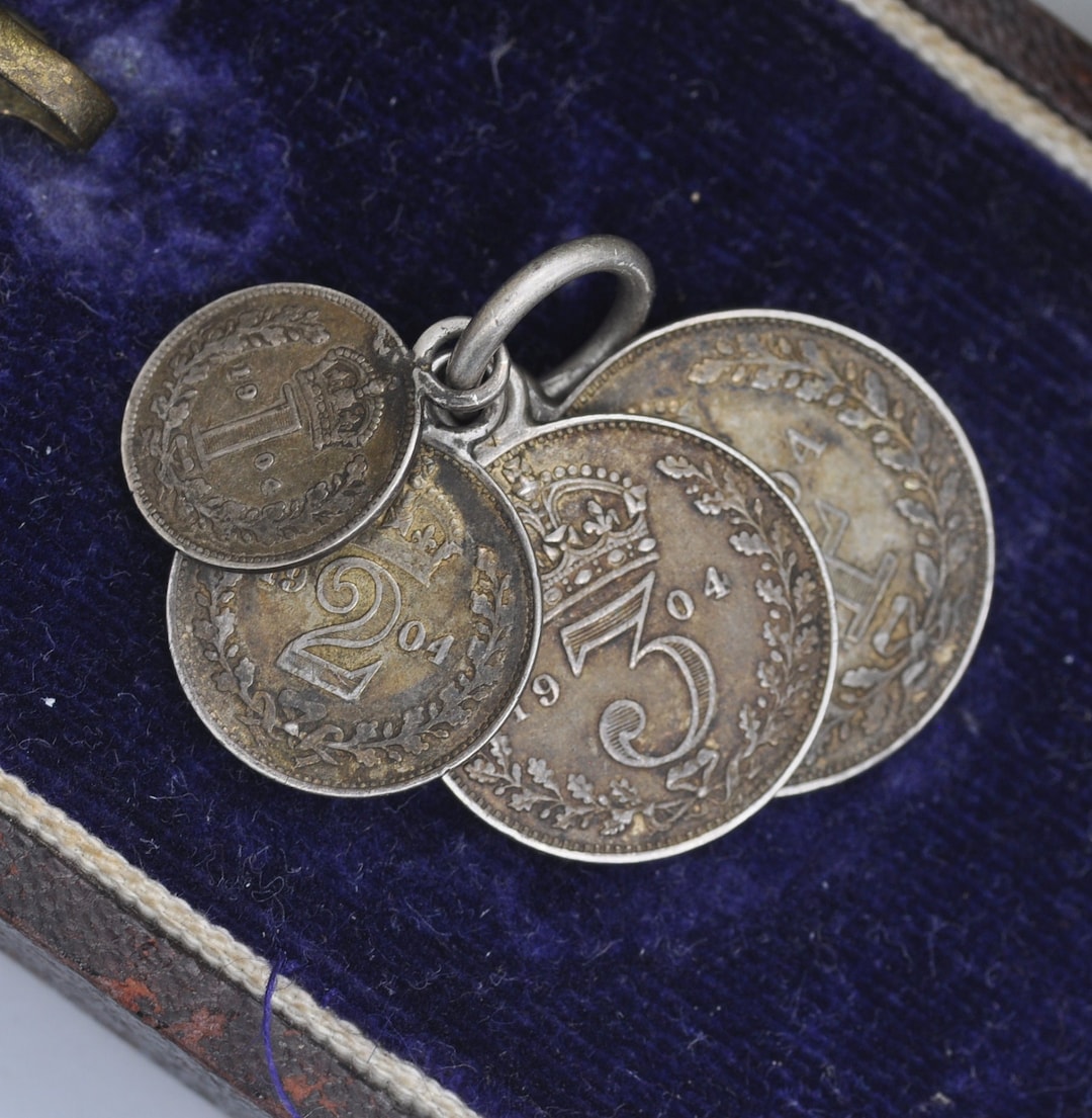 Antique 1904 Edwardian Maundy Money Fob Collection - Silver Coins 1p 2p ...