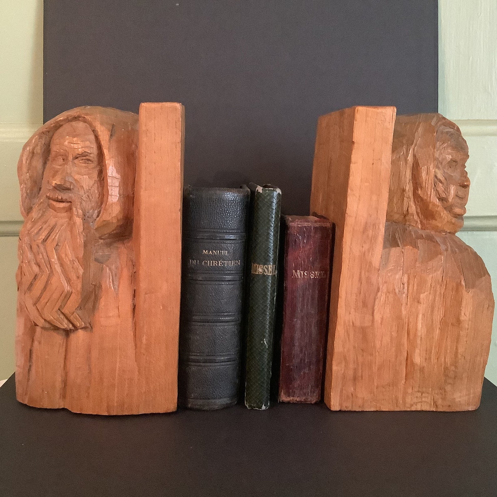 Vintage French Handcrafted Carved Solid Wood Bookends, Folk Art, Signed, Chucky Wooden Book Ends ...