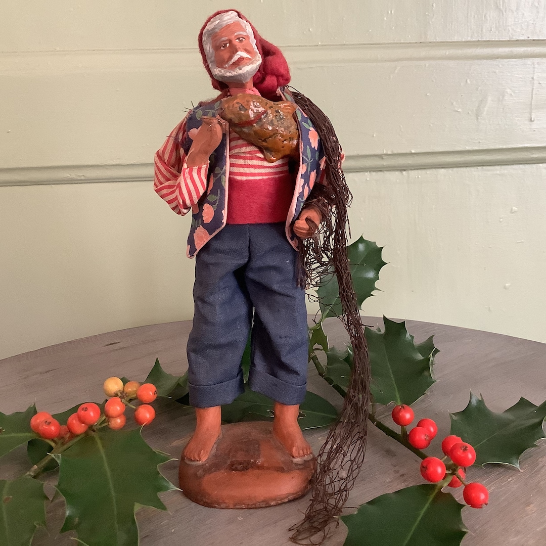 French Santon Figure of Fisherman With Net and Fish. Santon Collectible ...