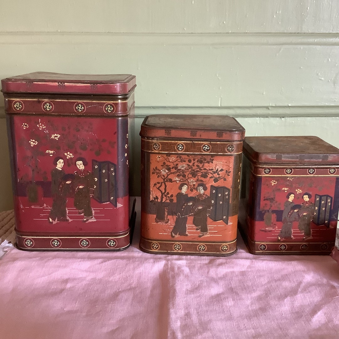 Oriental Design Tin Tea Caddies, Set of Three, Tea Storage, Tea Shop ...