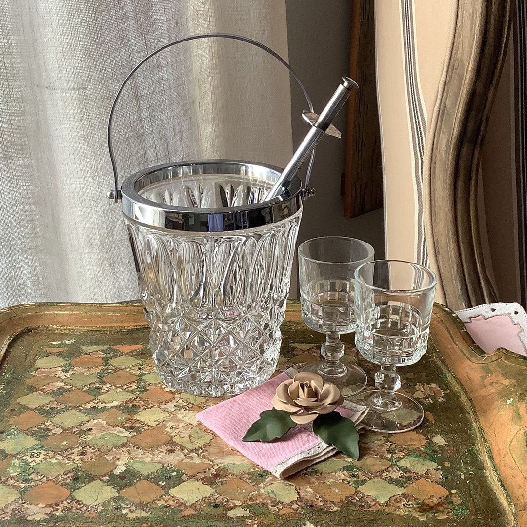 French Vintage Glass Ice Bucketand Ice Grabber Set, Barware, Cocktail ...