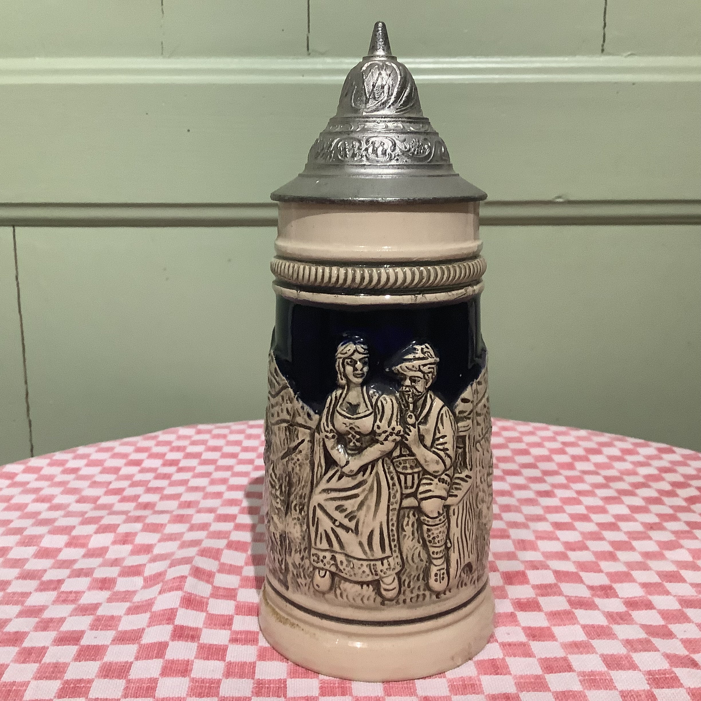 Vintage German Stoneware Beer Stein: Cobalt Bavarian Scene, Pewter Lid ...