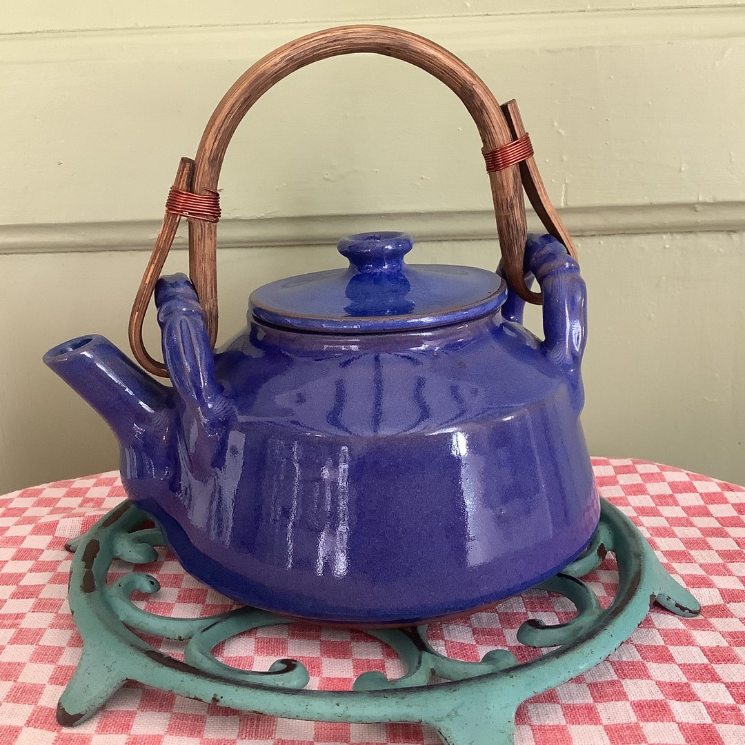 French Vintage Studio Art Pottery Teapot With Bamboo Handle, Retro ...