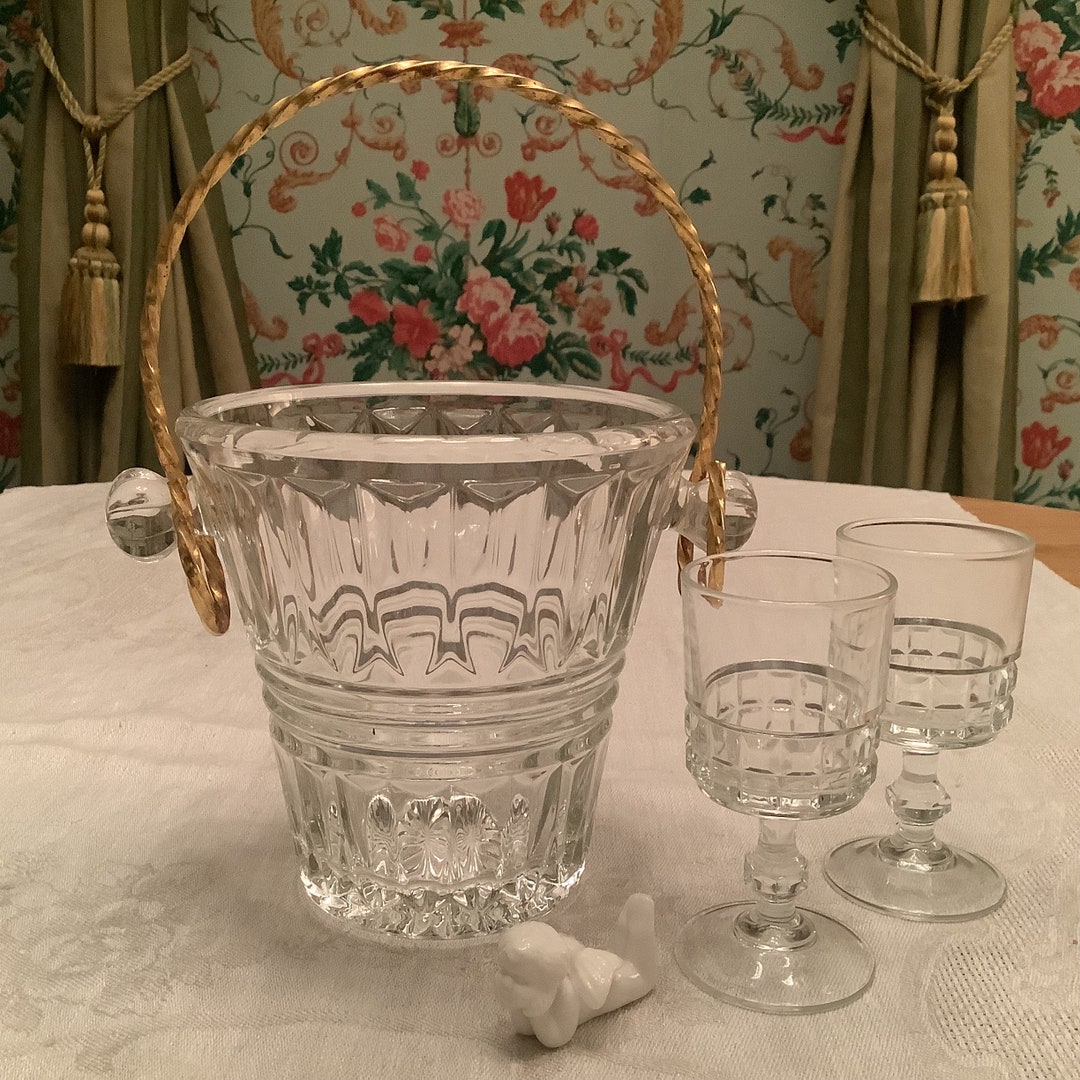 French Vintage Glass Ice Bucket, Gold Metal Handel. Vintage Barware ...