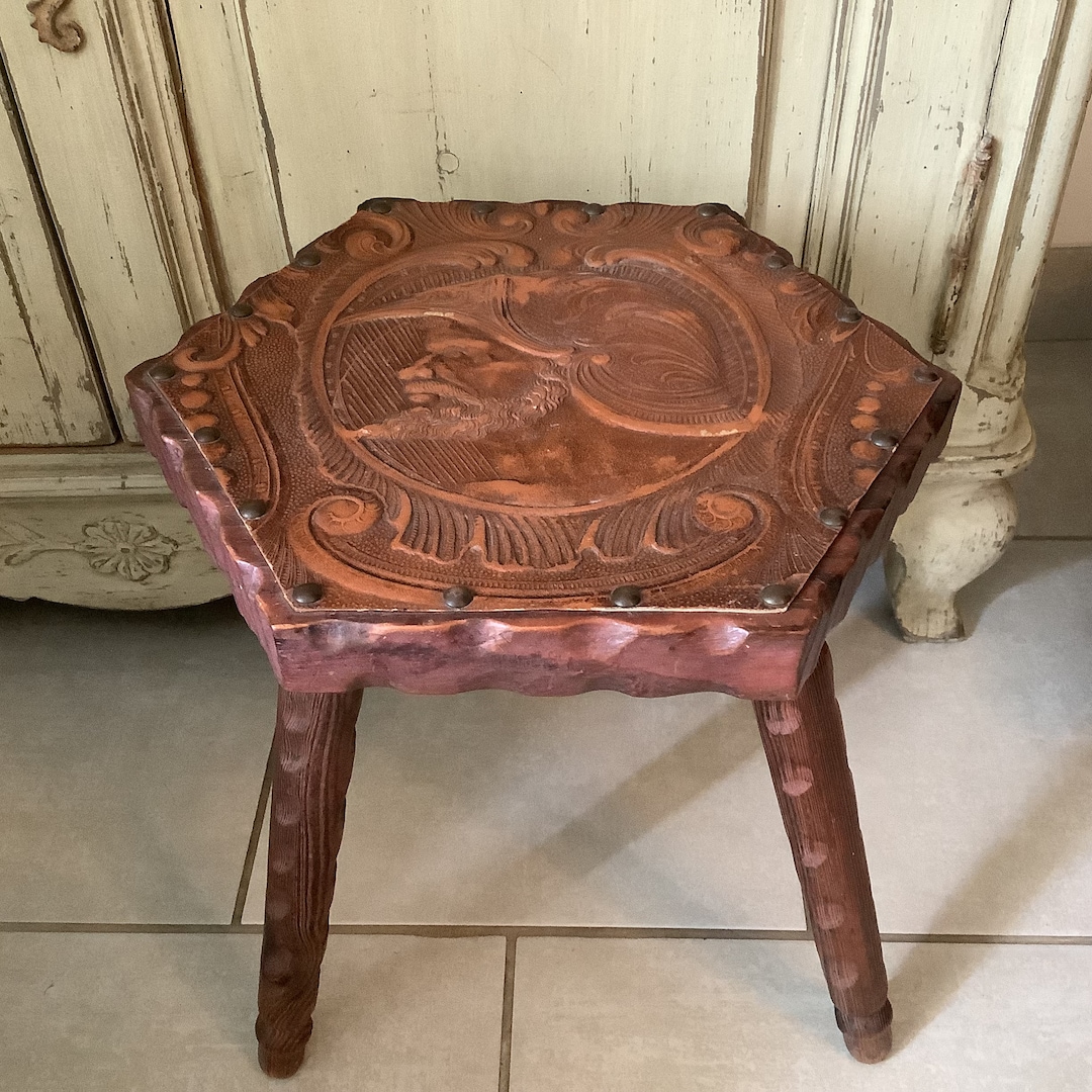 Spanish Unique BRUTALIST Wooden Tripod Stool With Leather Tooled Seat ...
