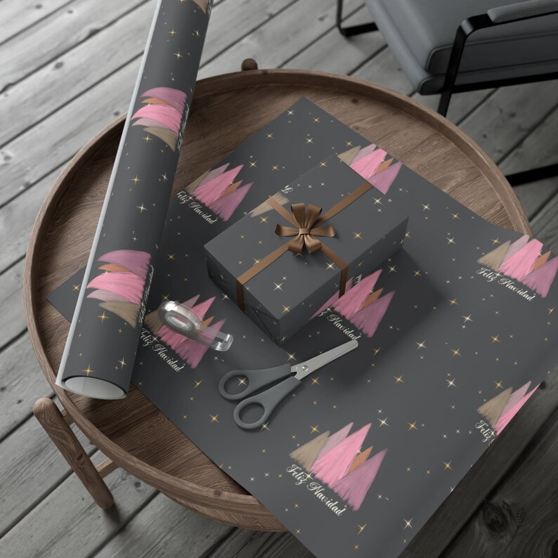 Spanish Gift Wrap Paper Feliz Navidad With Pink Trees Gift Wrap for ...