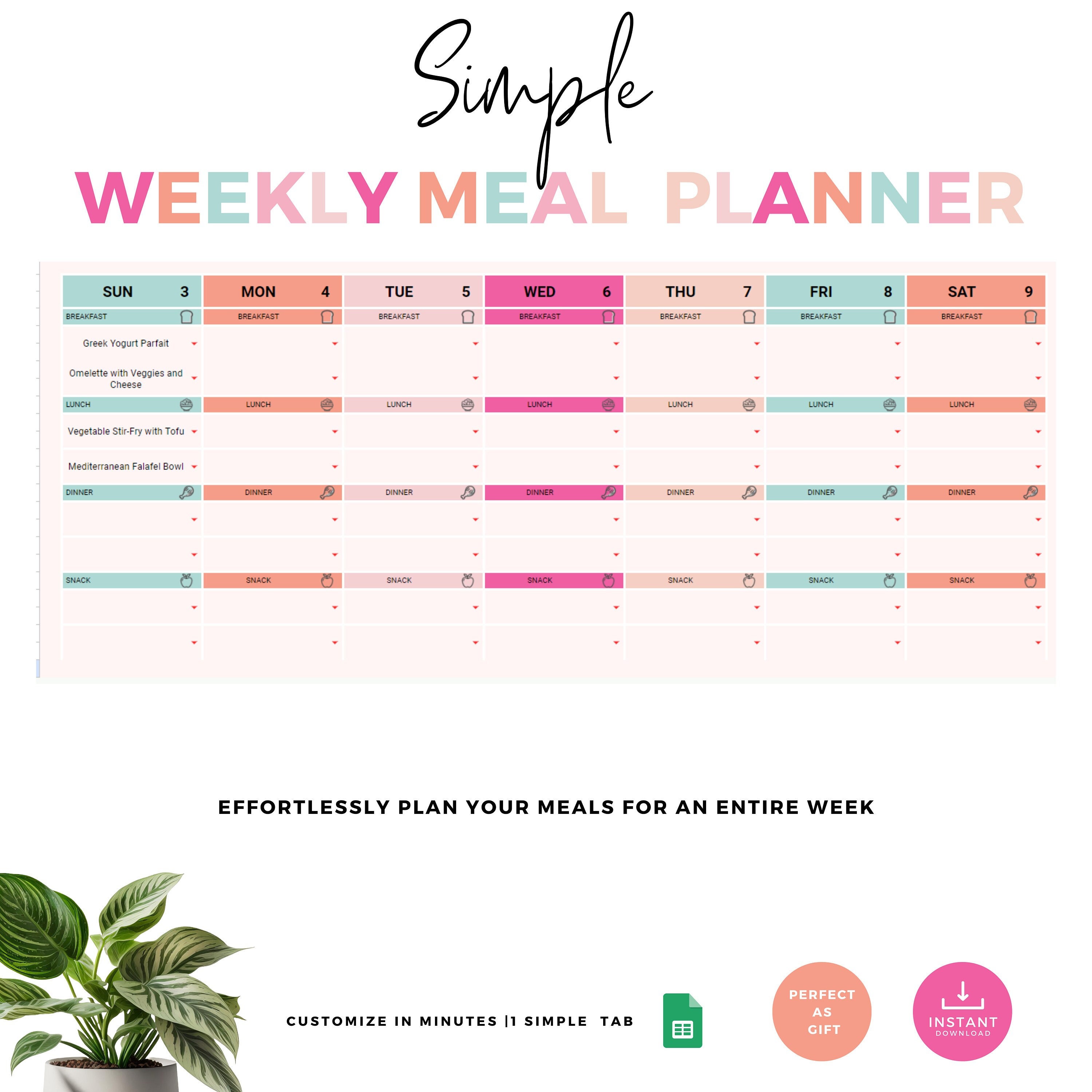 Weekly Meal Planner and Grocery List Google Sheet, Weekly Meal Planner ...