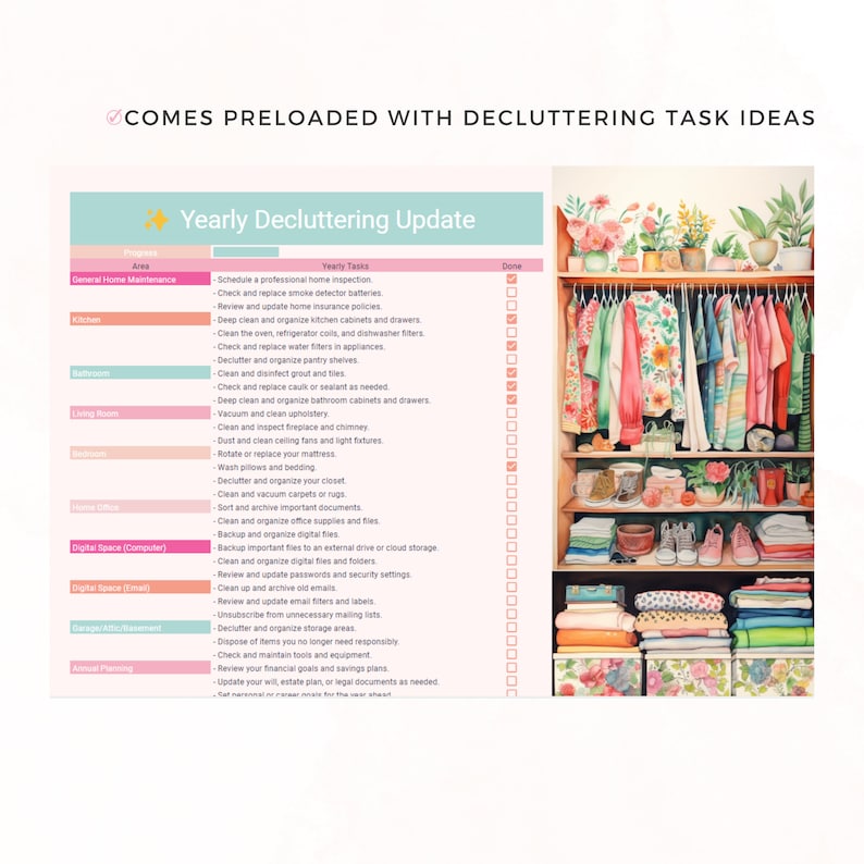 Decluttering Checklist Google Sheets, Declutter Checklist Spreadsheet, Declutter Planner ...