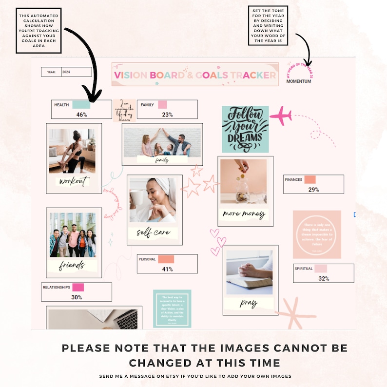 Vision Board and Goals Tracker Spreadsheet, 2024 Goal Planner Bundle ...