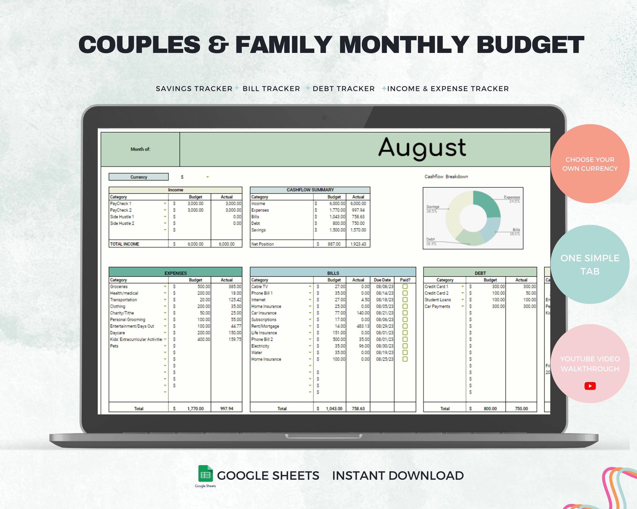 Monthly Budget Spreadsheet for Couples, Google Sheets Budget, Financial ...