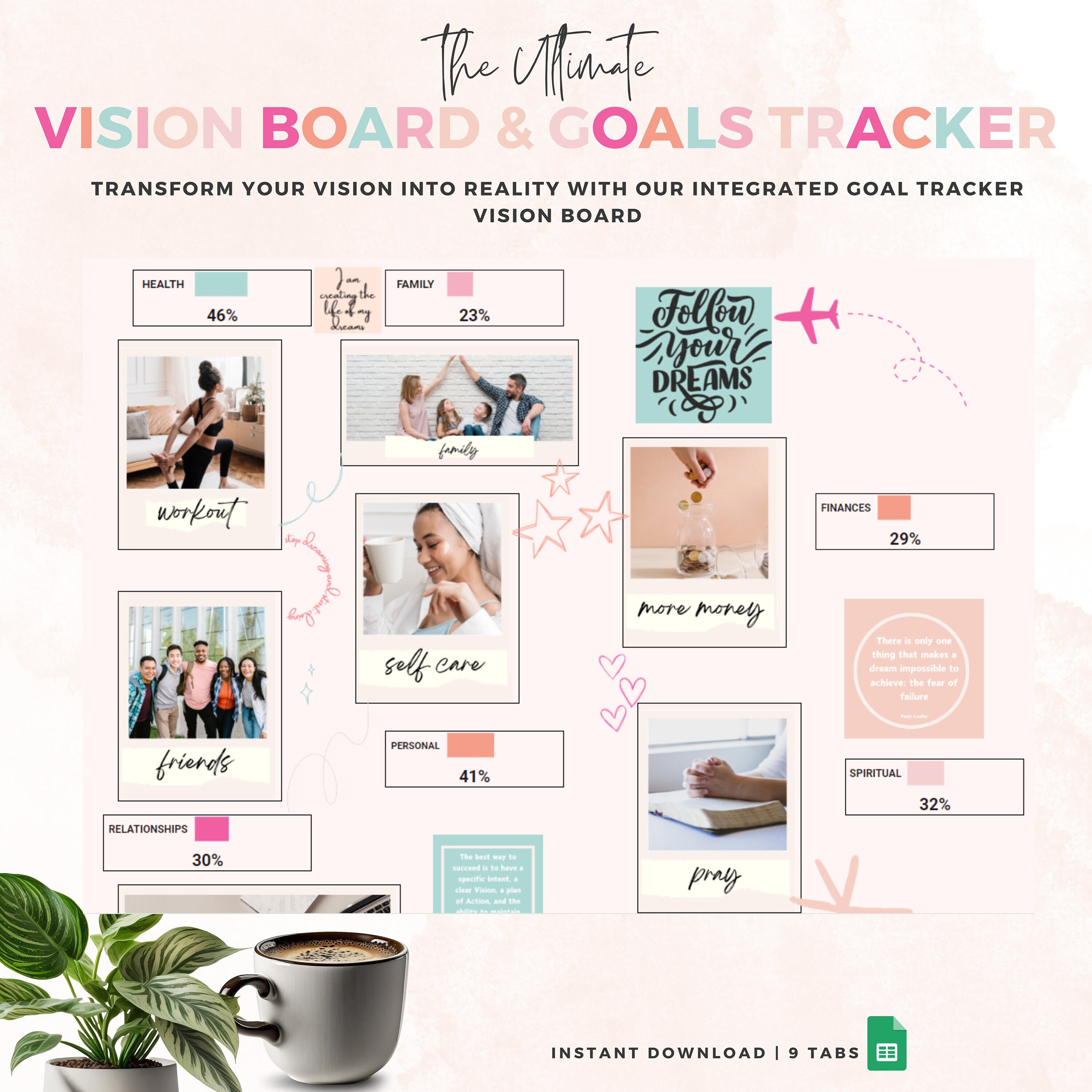 Vision Board and Goals Tracker Spreadsheet, 2024 Goal Planner Bundle ...
