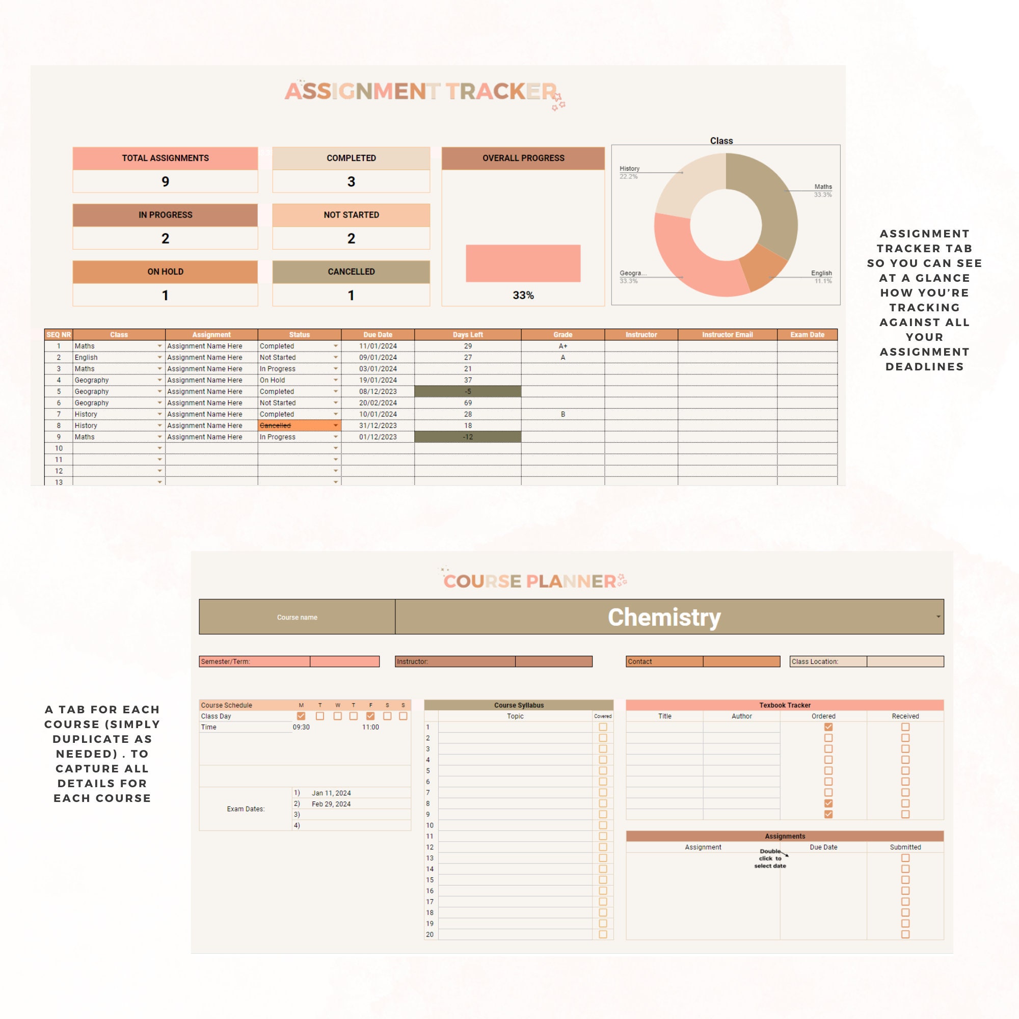 Course Planner, Academic Planner, College Planner Spreadsheet ...