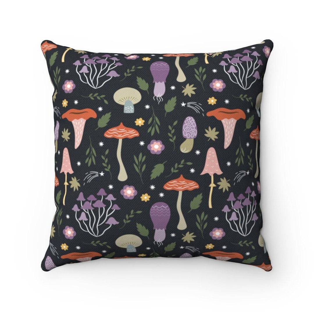 Black Cottagecore Pillow, Mushroom -theme Decor Pillow, Forest ...