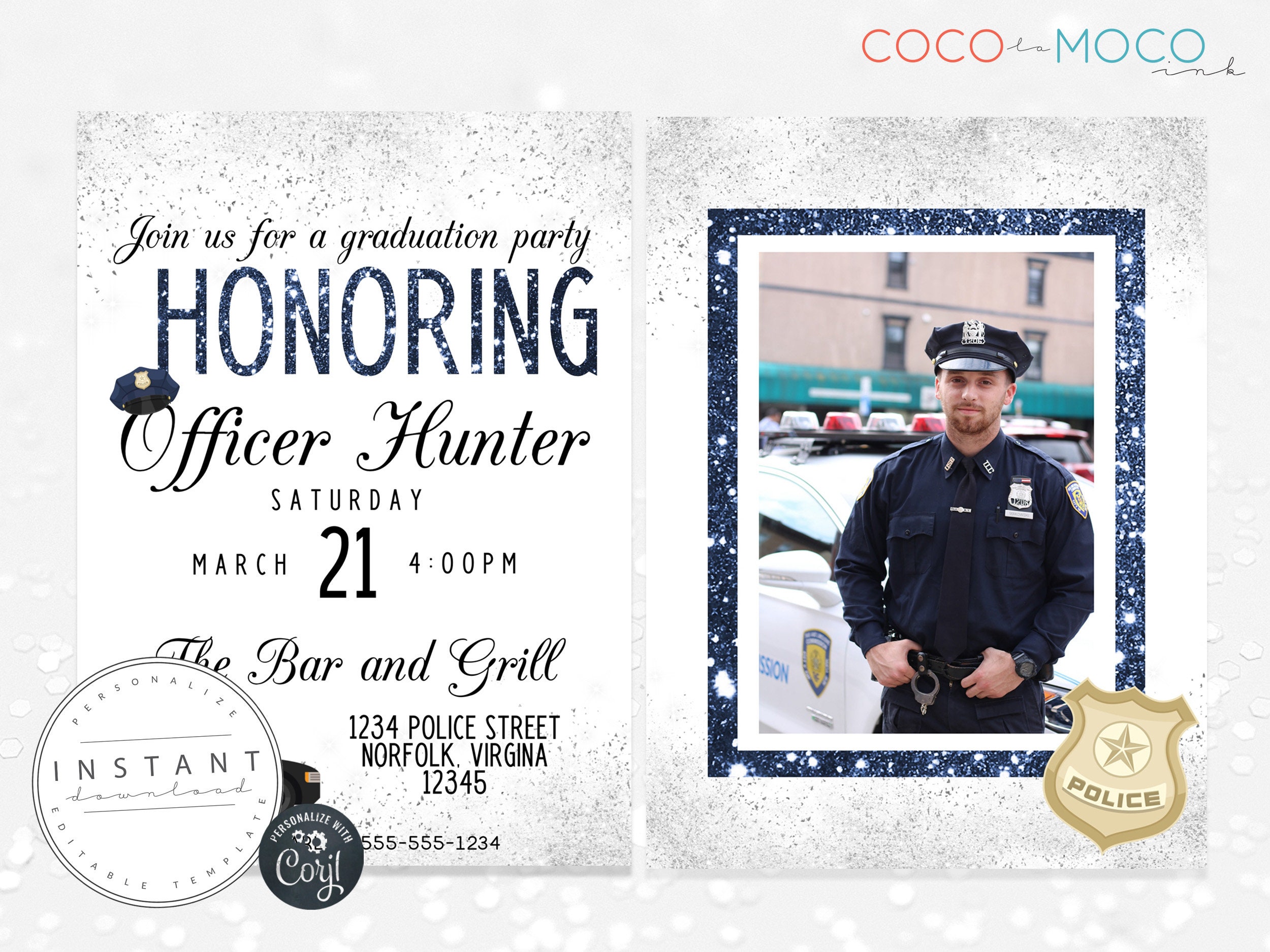 EDITABLE Sparkle Police Graduation Party Invitation Template - Etsy