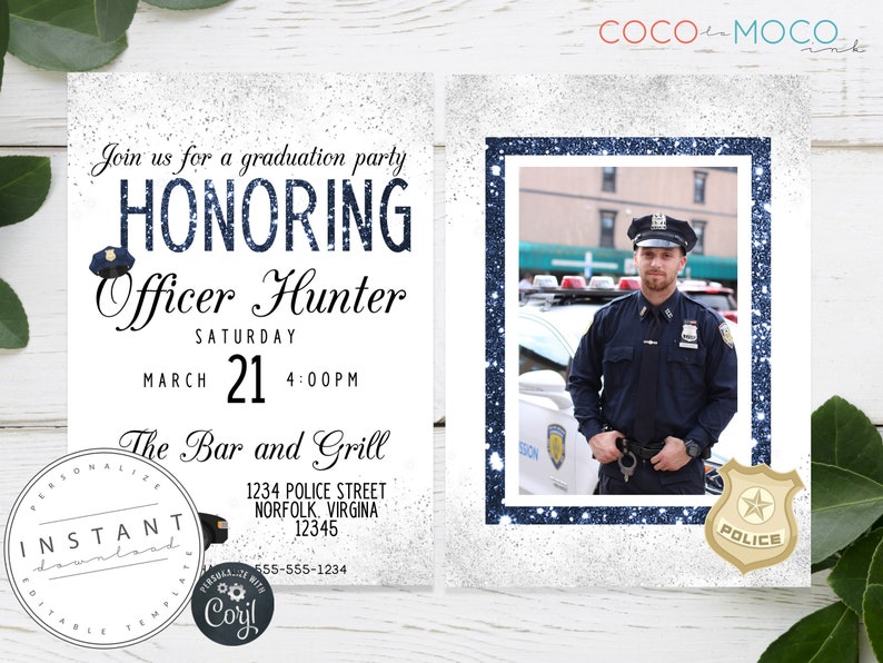 EDITABLE Sparkle Police Graduation Party Invitation Template - Etsy