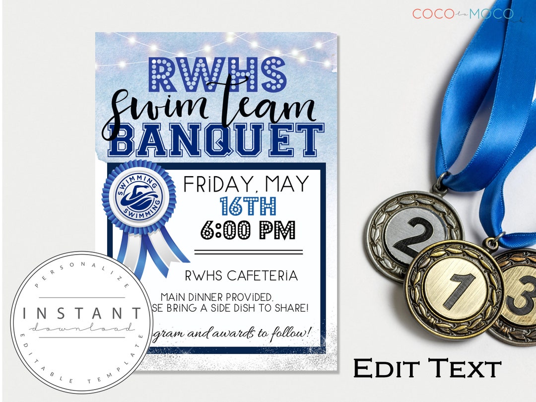 EDITABLE Swim Team Banquet Invitation Template End of Season Swimmer ...