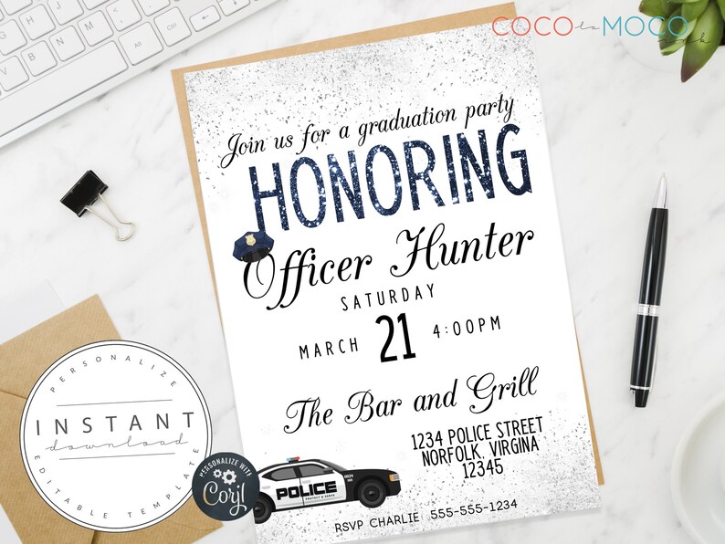 EDITABLE Sparkle Police Graduation Party Invitation Template - Etsy
