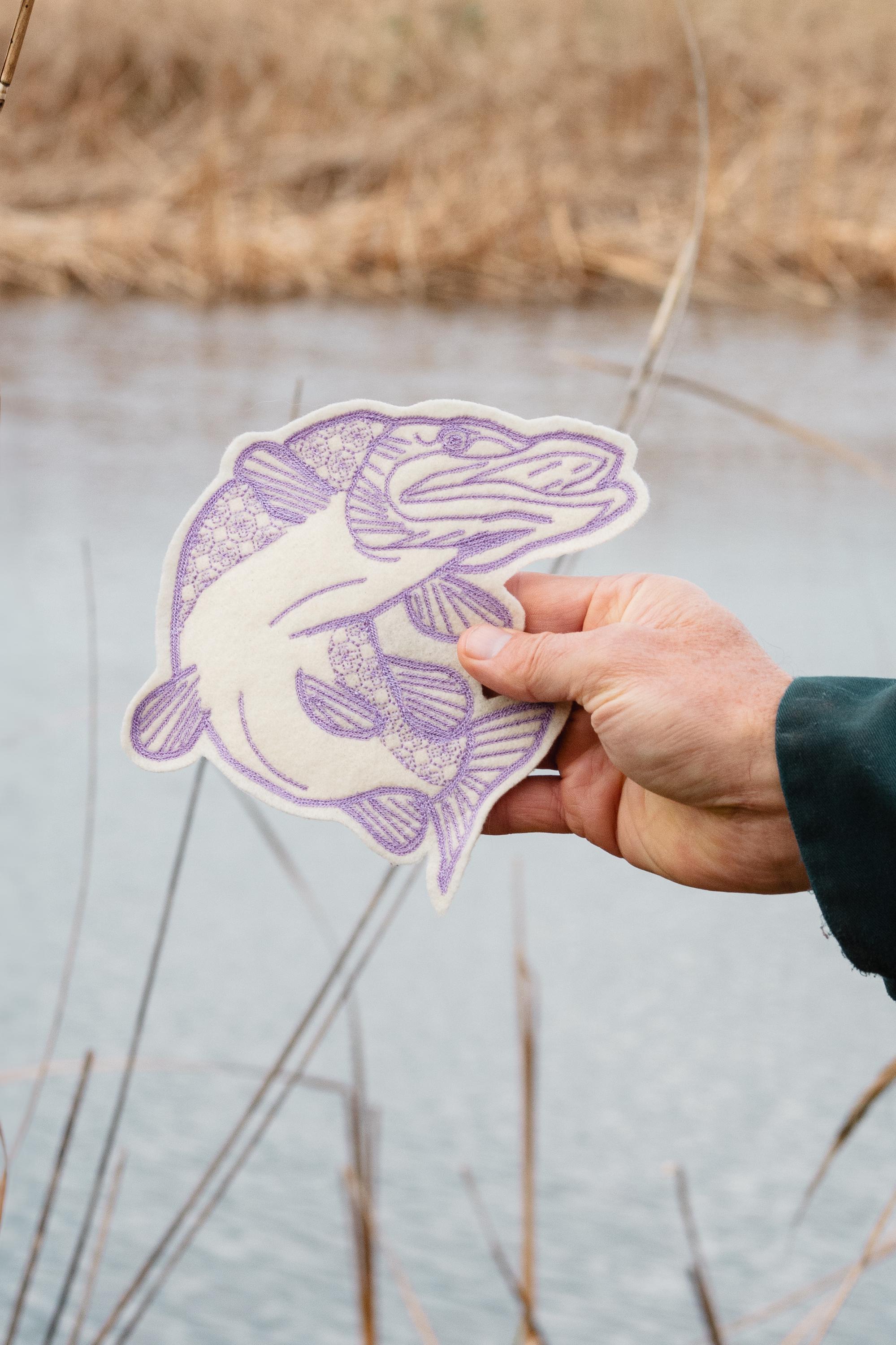 Northern Pike Blackwork Embroidery Sew on Patch Lilac Purple Fishing ...