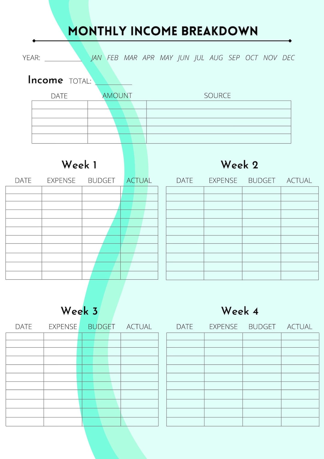 Monthly Income Breakdown Template PDF Download Financial Budget Tracker ...
