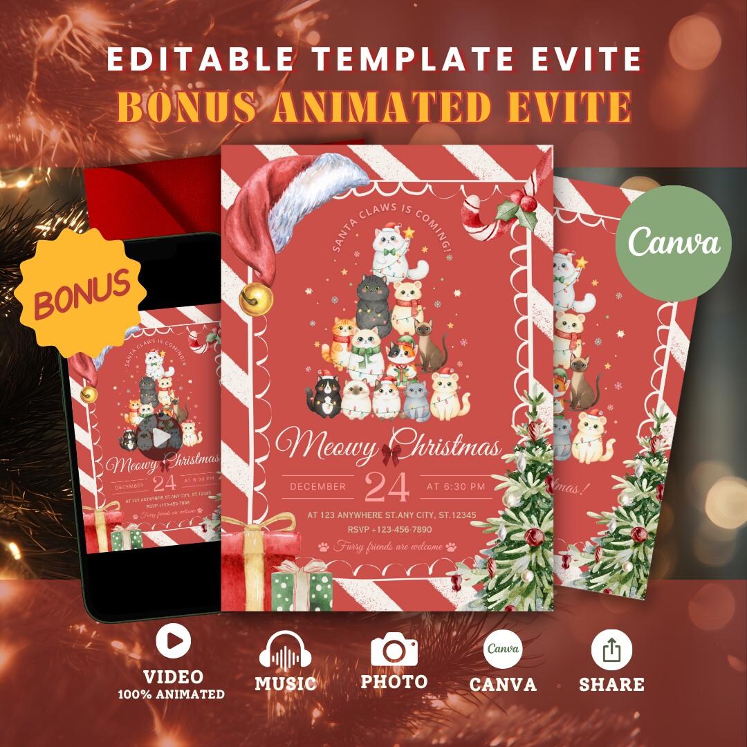 Editable Red Cat Christmas Invitation + Bonus Animated Holiday Evite ...