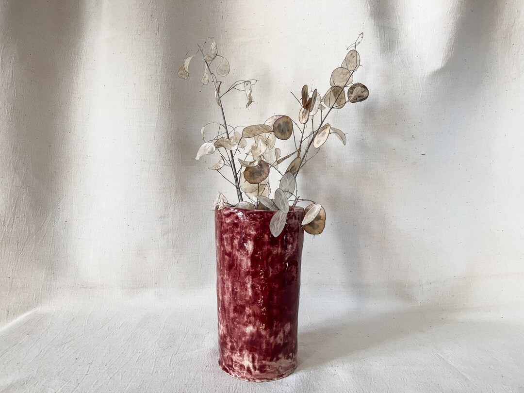 Handmade Ceramic Magenta Vase. Earthenware Clay Midcentury Cylindrical ...