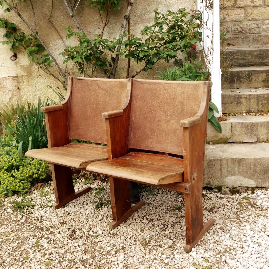 Vintage Folding Theater Seats - Shabby French Foldable Wooden Cinema ...