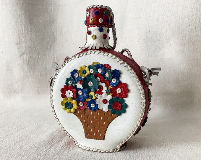 70s Folk Art Flask Handstiched Flower Outershell. Handmade Hippie Water ...