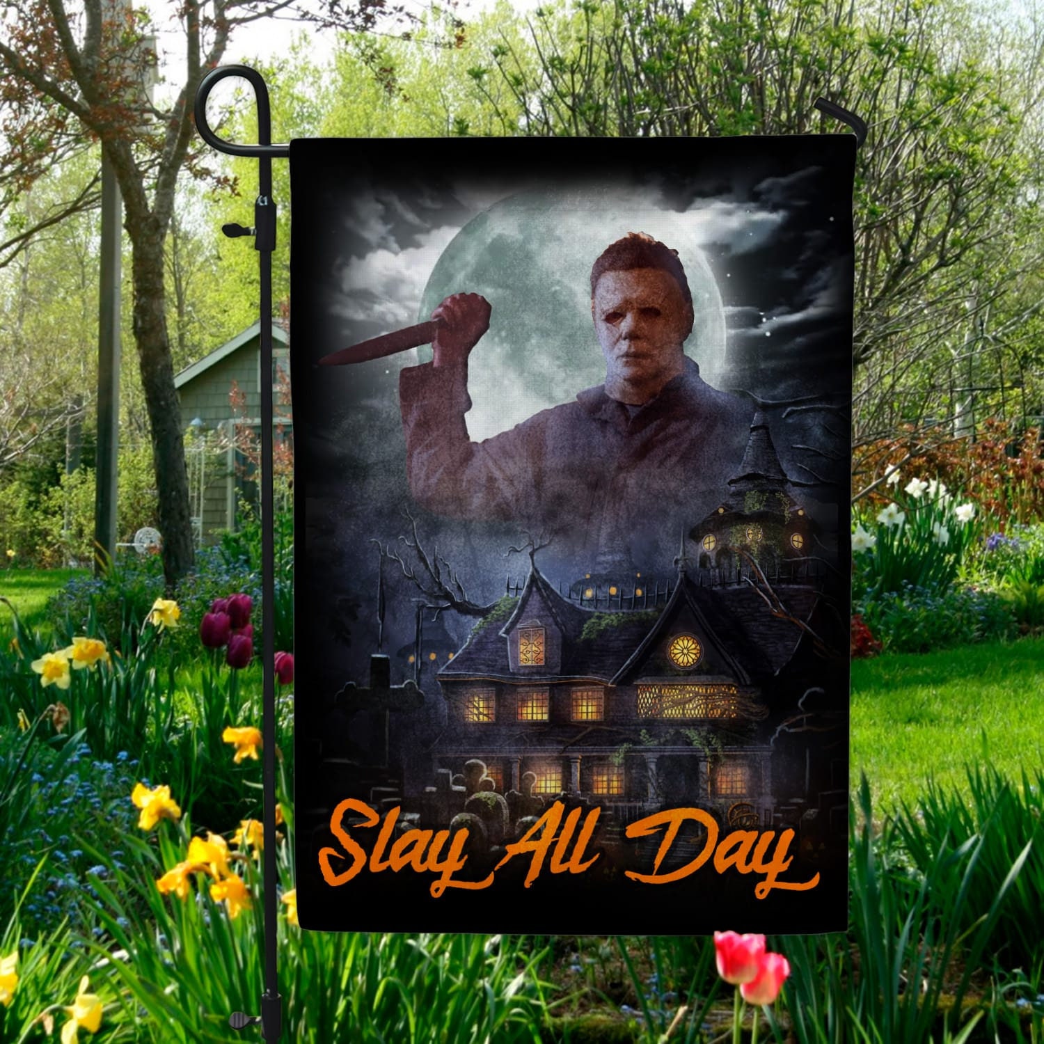 Slay All Day Halloween Horror Movie Character Decorative Garden Flag