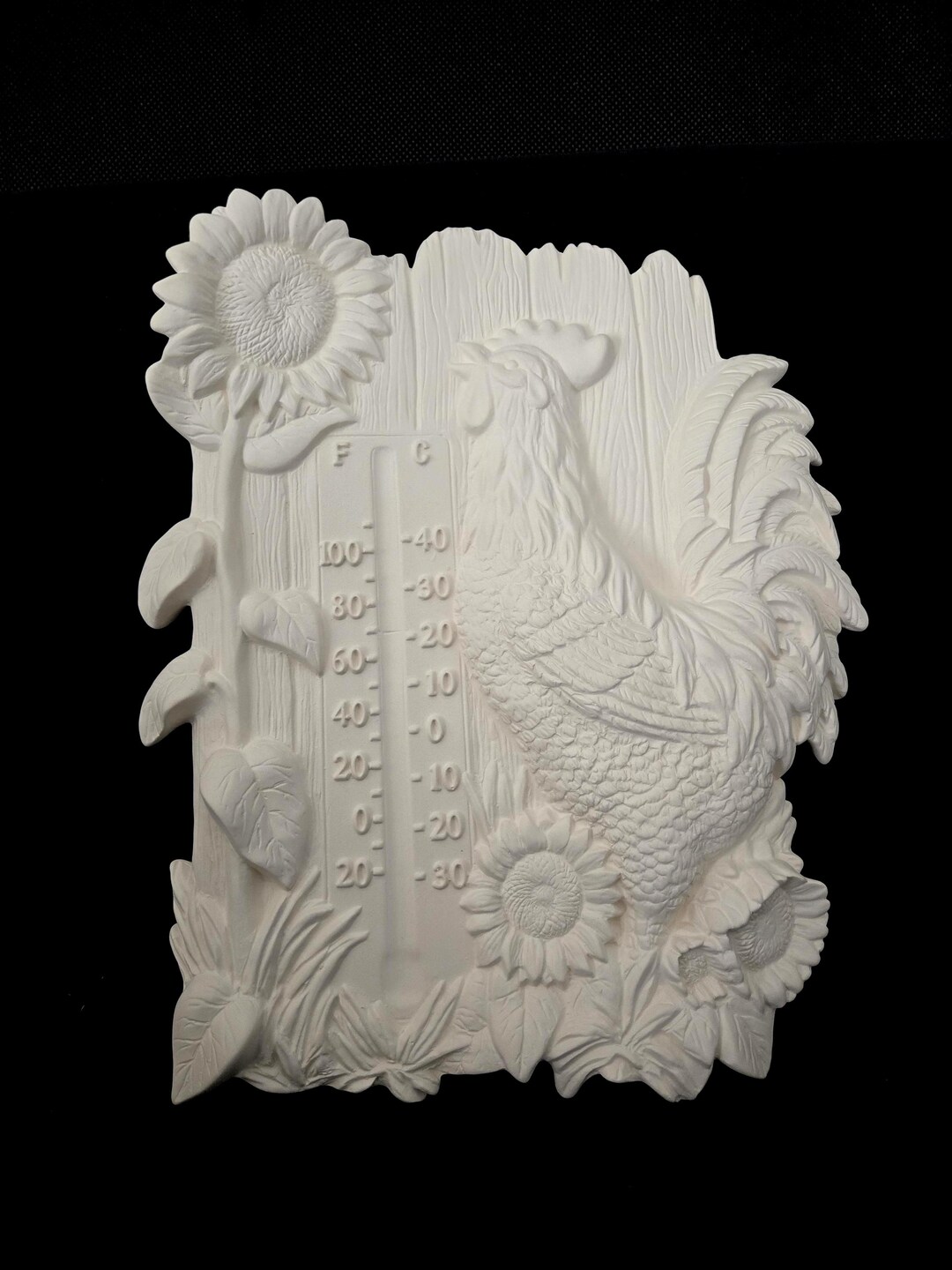 Ceramic Bisque - Rooster and Sunflowers Thermomter Plaque With ...