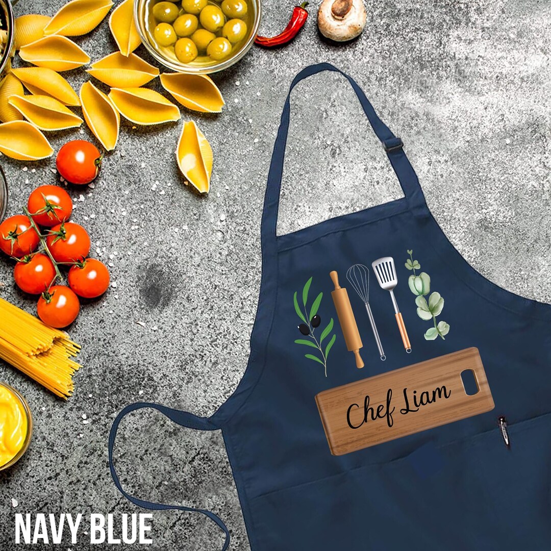 Personalized Kitchen Apron, Custom Name Cooking Apron With Pockets, BBQ ...