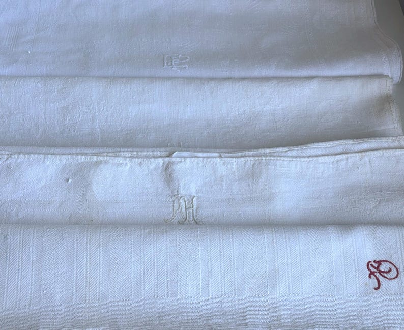 Vintage French Linen Monogrammed Hand Towel: Antique Damask Cotton ...